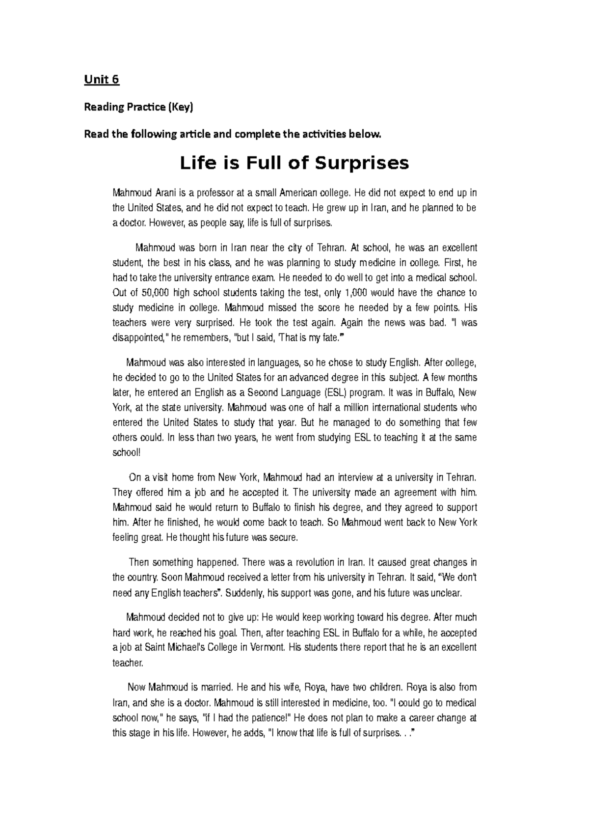 Reading Practice 6 (Key) - Unit 6 Reading Practice (Key) Read the ...