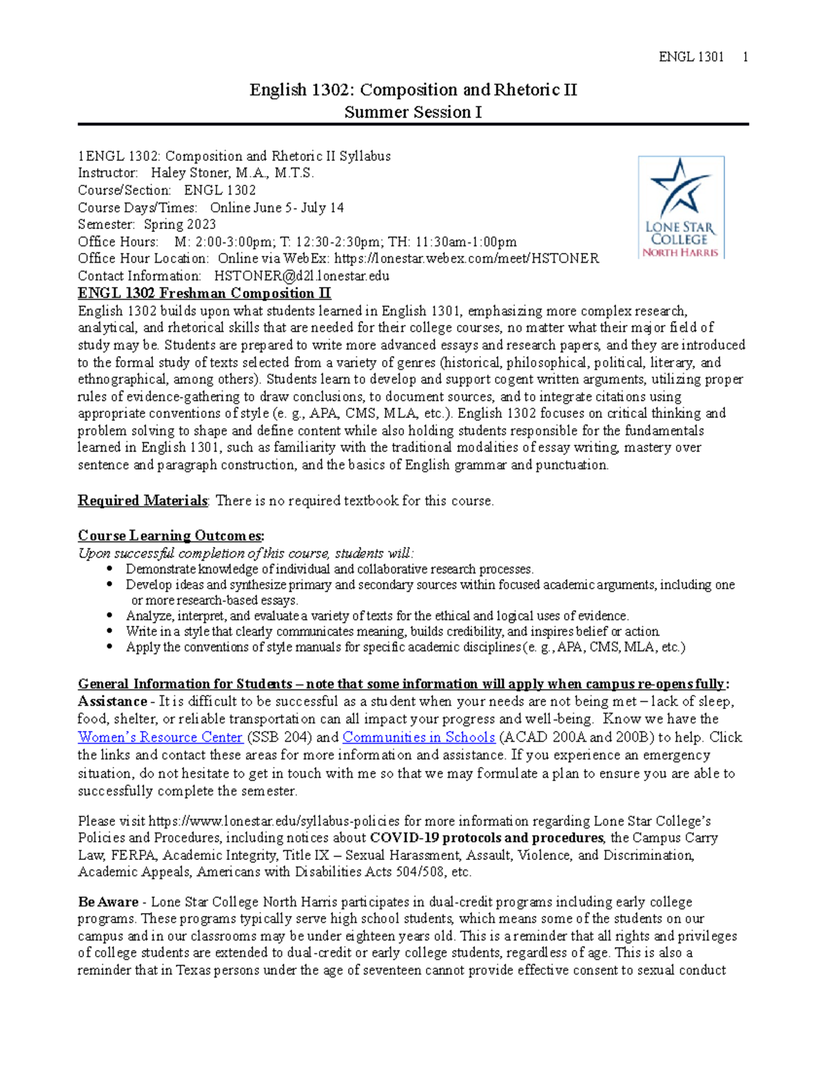 Gen 1302 - English 1302: Composition and Rhetoric II Summer Session I ...