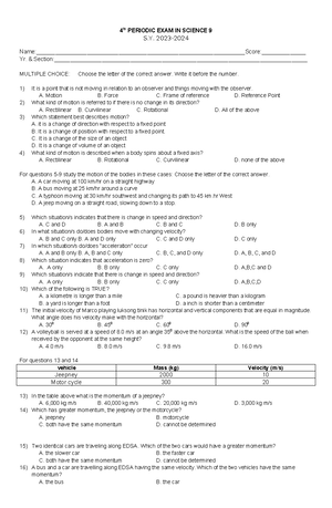 Third Periodic TEST 2023 Science 9 - THIRD QUARTER EXAM IN SCIENCE 9 S ...