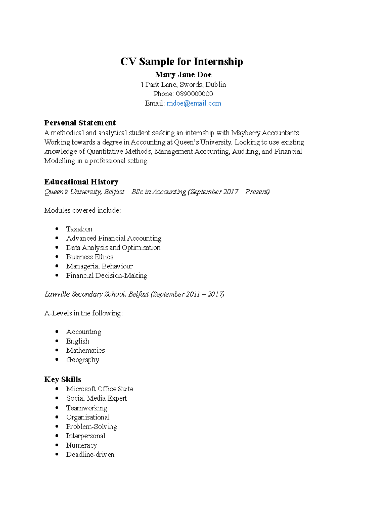 CV-Sample-for-Internship - CV Sample for Internship Mary Jane Doe 1 ...