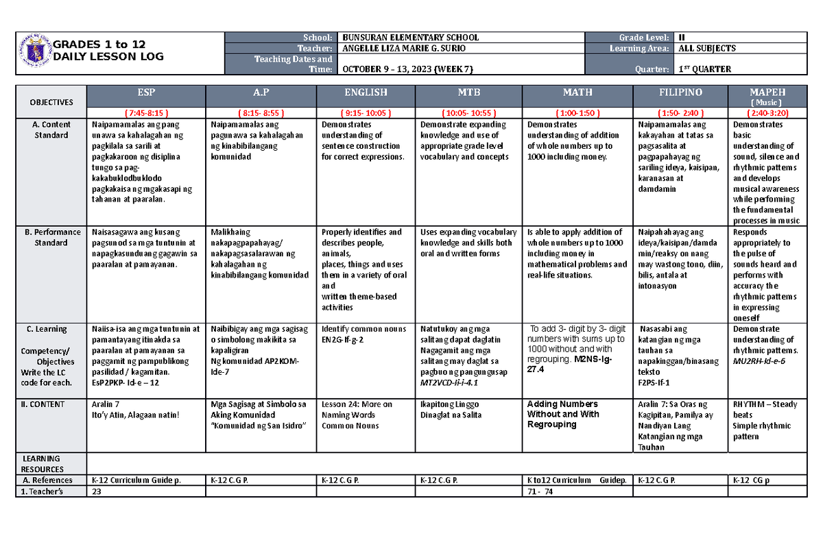 DLL ALL Subjects 2 Q1 W7 D1 - GRADES 1 to 12 DAILY LESSON LOG School: BUNSURAN ELEMENTARY SCHOOL ...