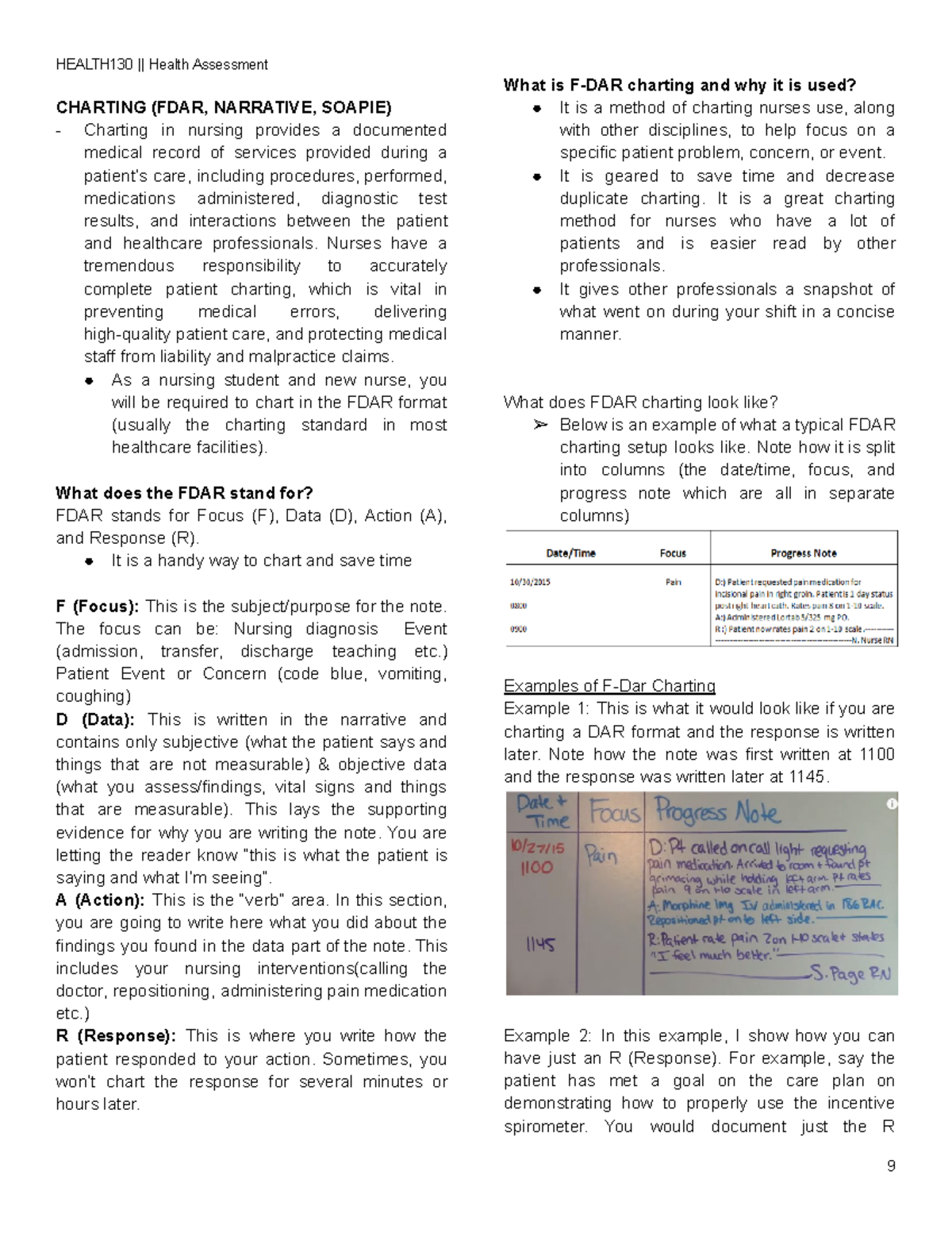 A 2 Nursing Documentation HEALTH130 Health Assessment CHARTING