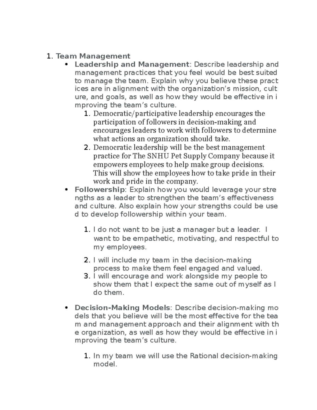 Project 1 - Team Management Leadership and Management: Describe ...