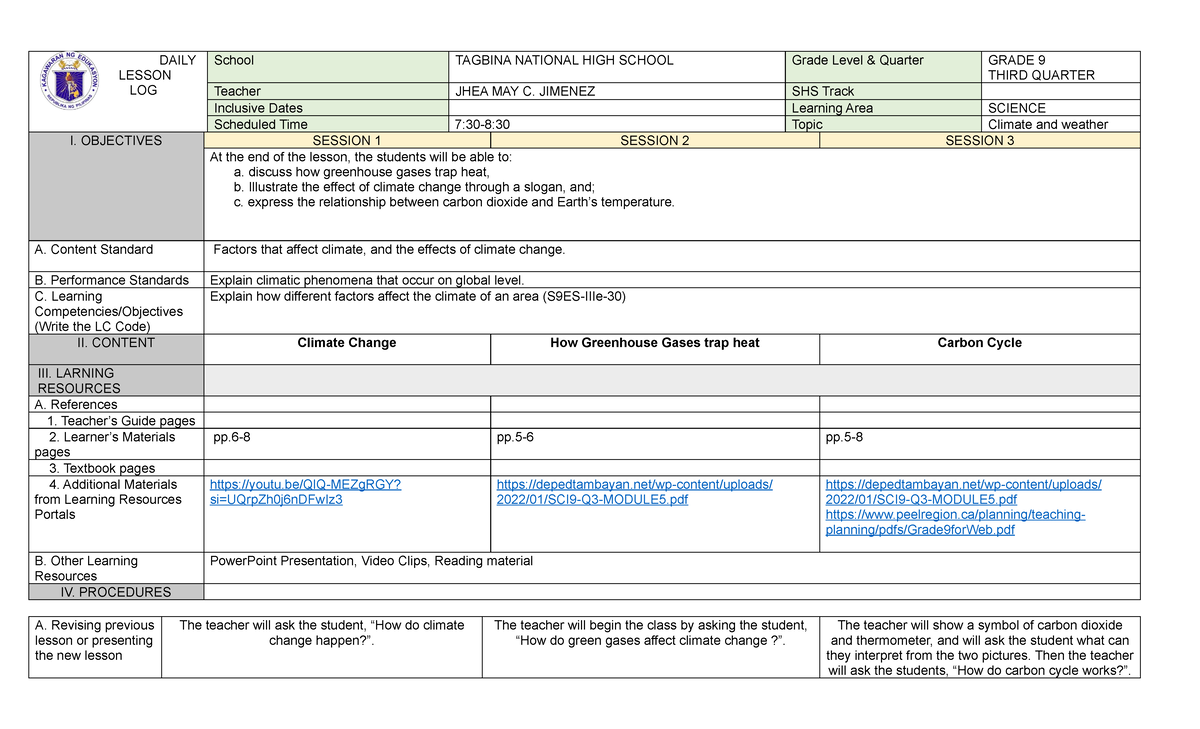 DLL-G9 ste week 7 - daily lesson log in science 7 - DAILY LESSON LOG ...