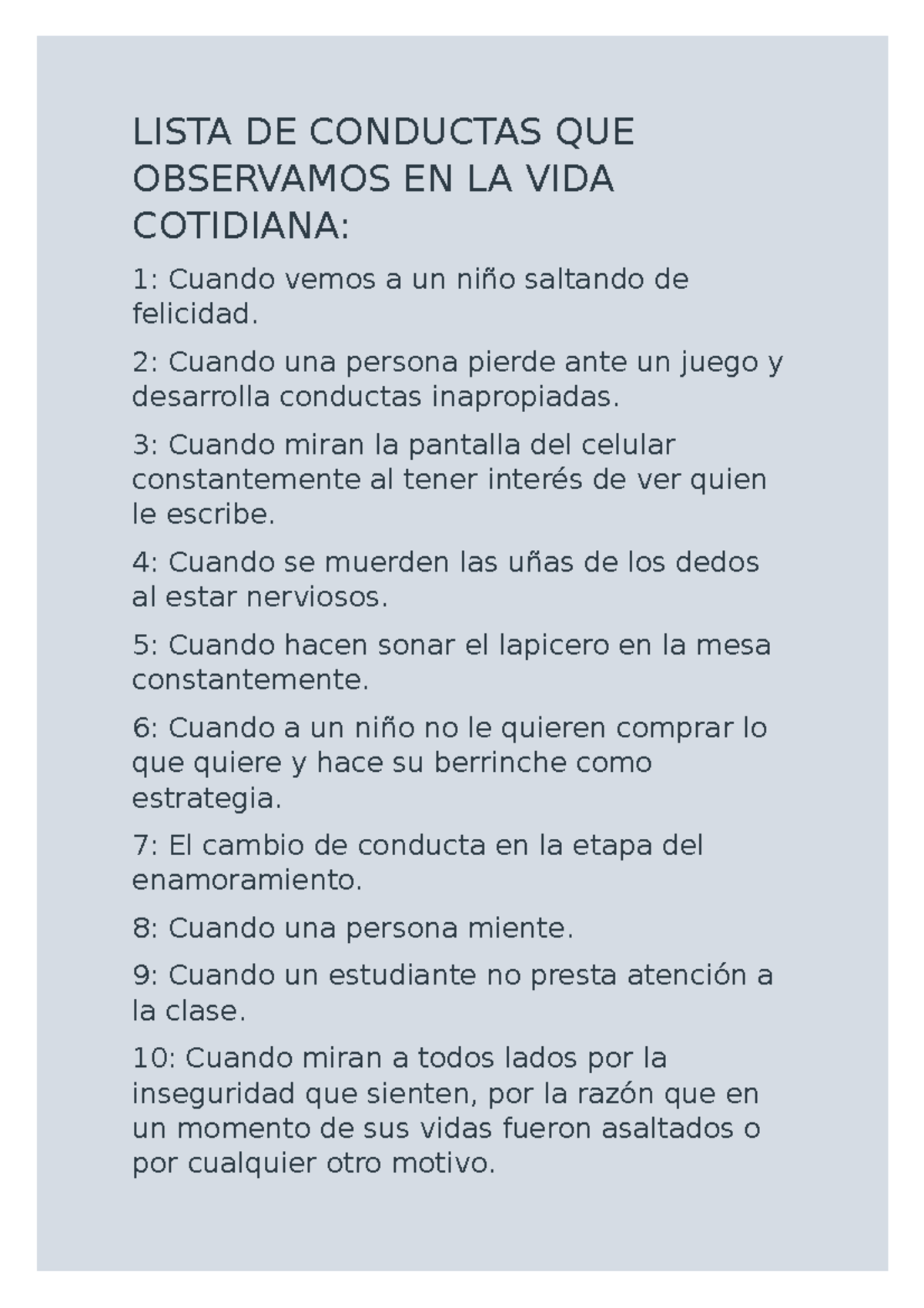 Lista DE Conductas QUE Observamos EN LA VIDA Cotidiana - LISTA DE ...