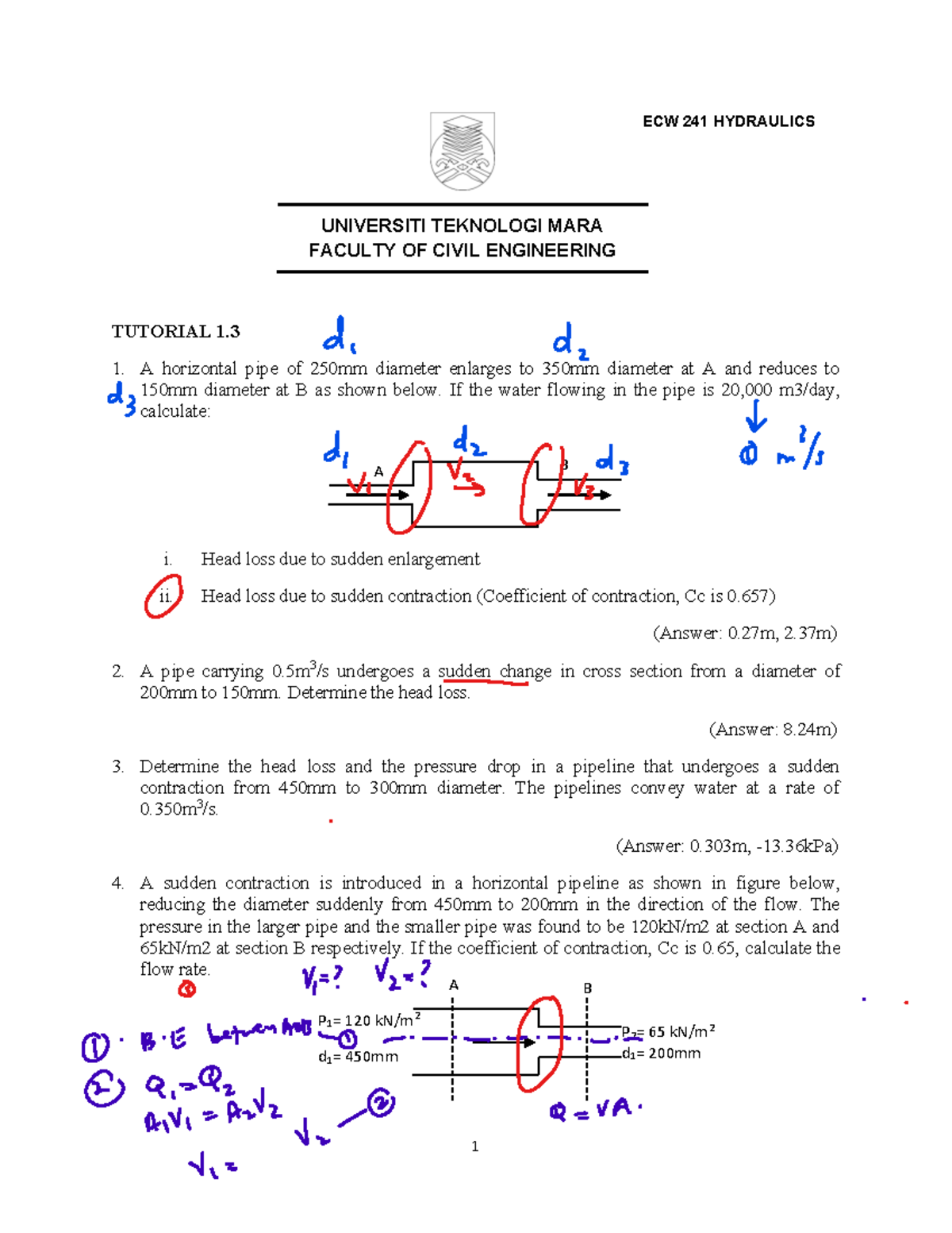 Tutorial 1 - ECW 241 HYDRAULICS UNIVERSITI TEKNOLOGI MARA FACULTY OF ...