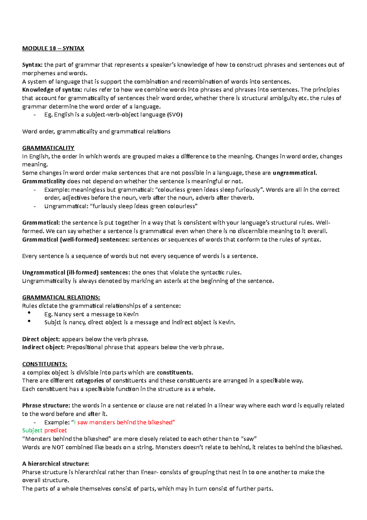 Module 10 Syntax Module 10 Syntax Syntax The Part Of Grammar That Represents A Speakers 2366