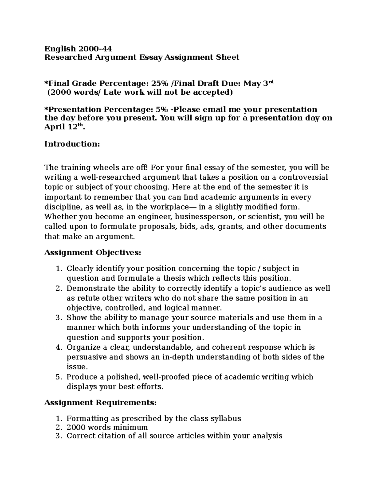 Researched Argument (Final Paper)-ENGL 2000 - English 2000- Researched ...