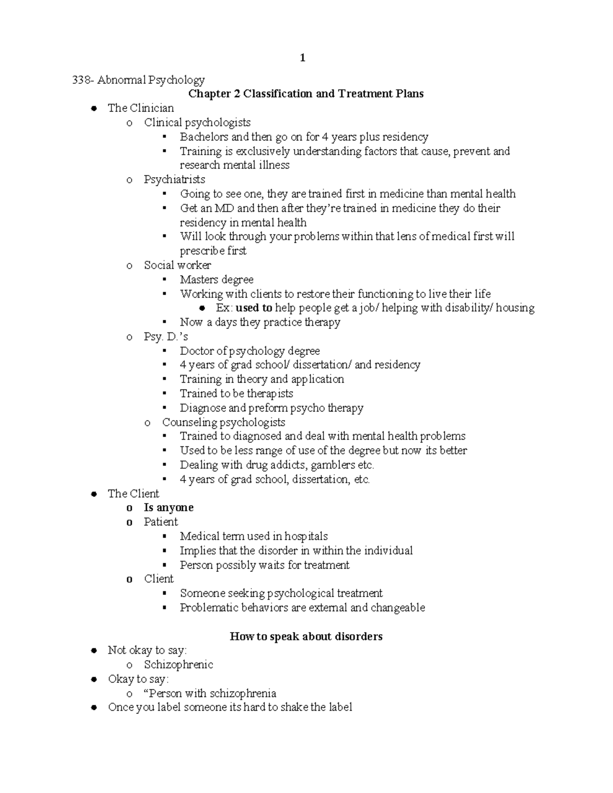 Abnormal Psych Classification and Treatment Plans Notes - 338- Abnormal ...