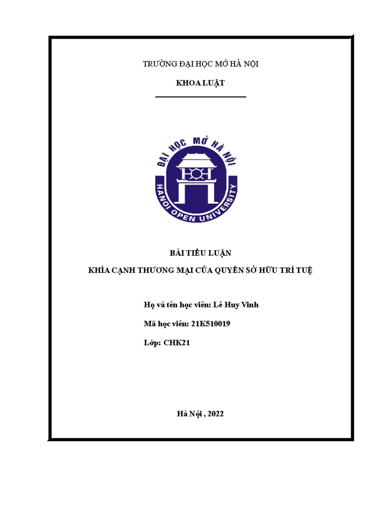LHV SHTT - sở hữu trí tuệ - TRƯỜNG ĐẠI HỌC MỞ HÀ NỘI KHOA LUẬT BÀI TIỂU ...