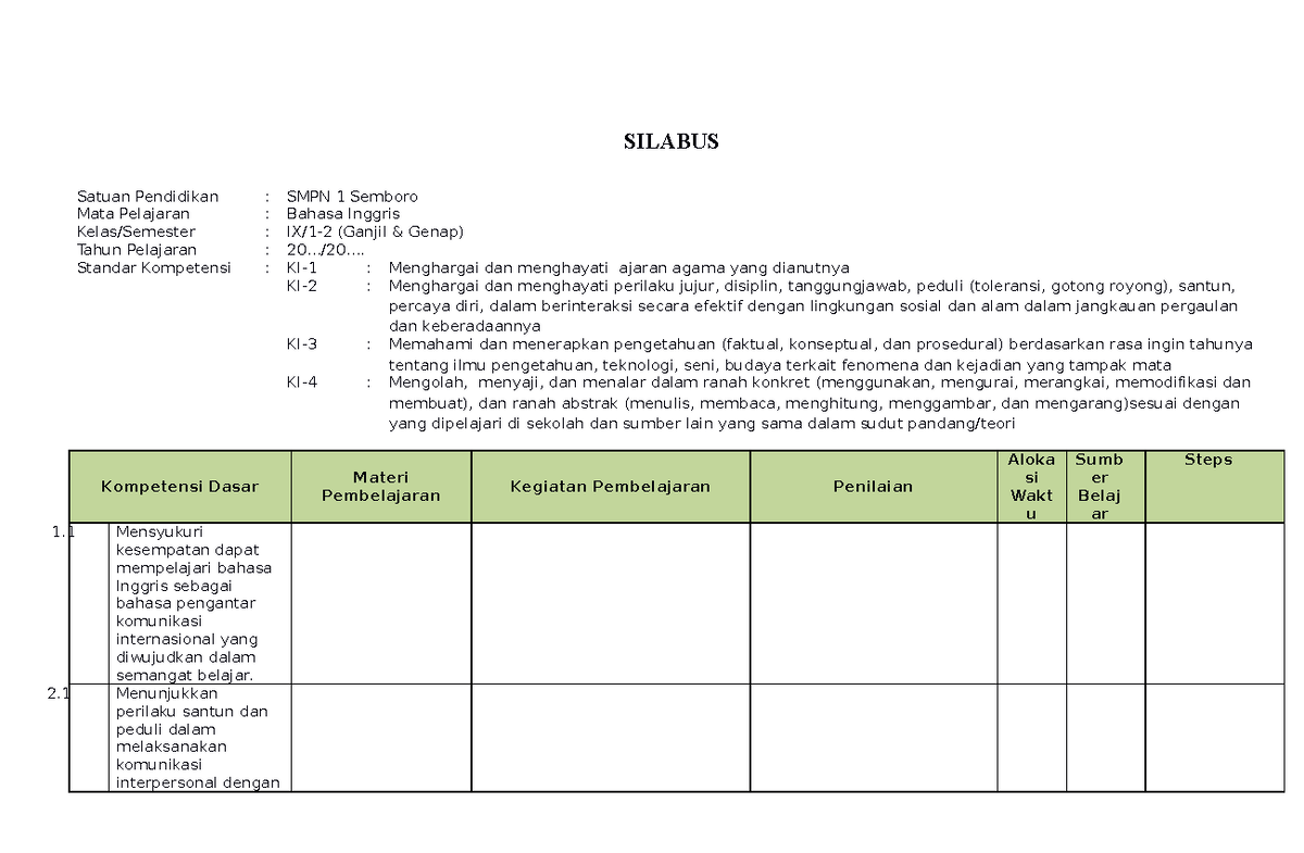 Silabus kelas 9 - SILABUS Satuan Pendidikan : SMPN 1 Semboro Mata Pelajaran : Bahasa Inggris ...