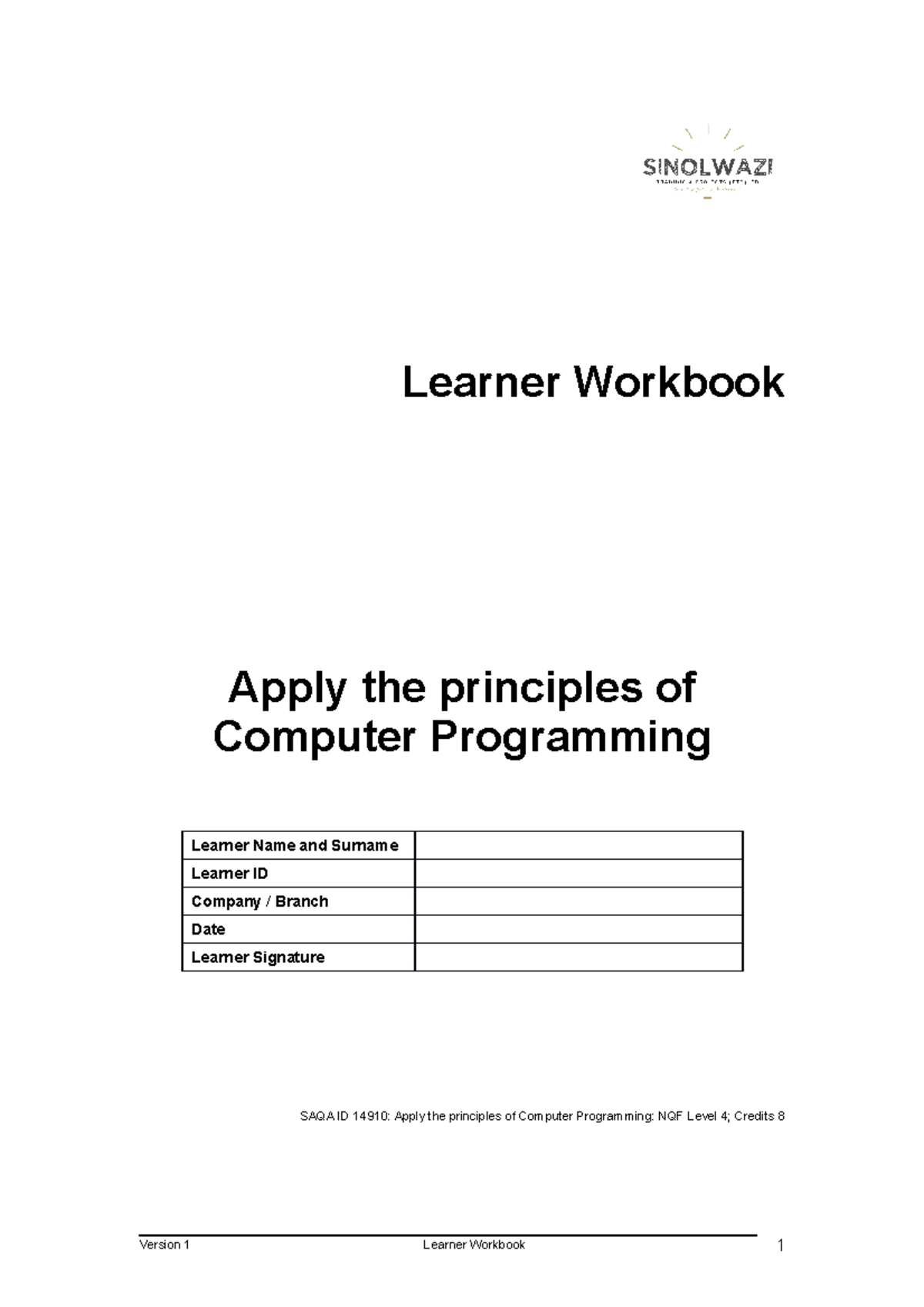 Applying Principals of Computer Programming - Learner Workbook Apply ...