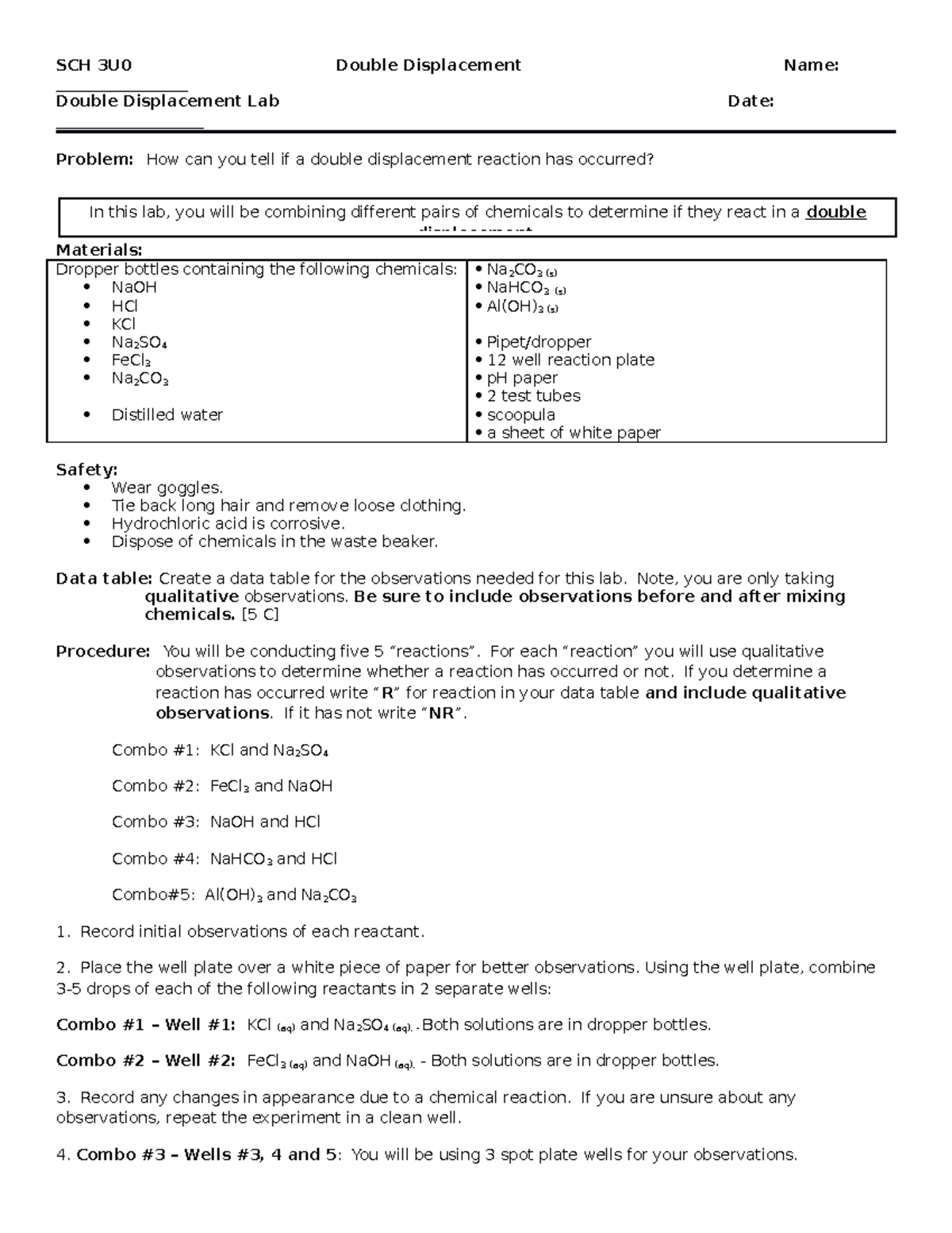 Lab - Double Displacement 2023 - SCH 3U0 Double Displacement Name ...