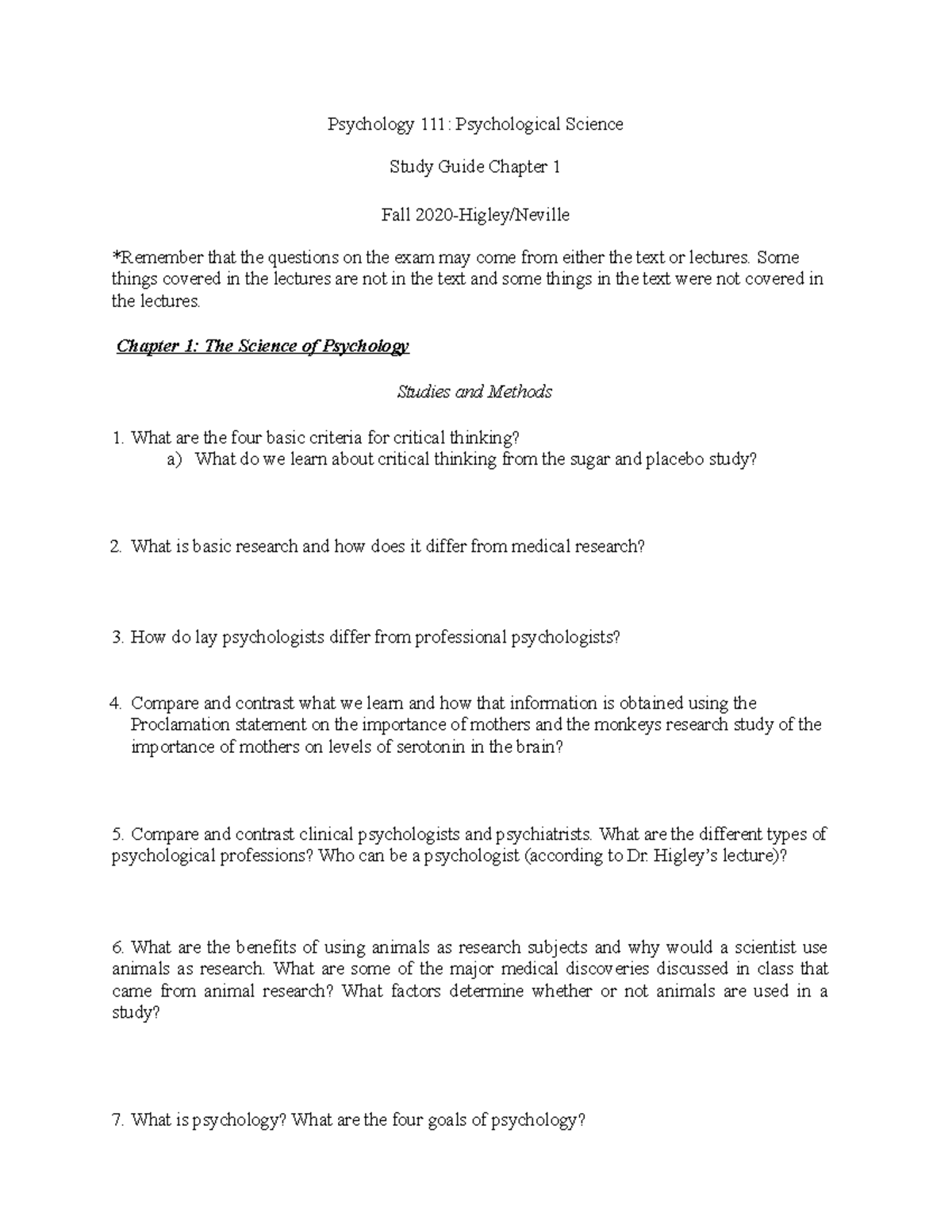 Chapter 1 Study Guide - Psychology 111: Psychological Science Study ...