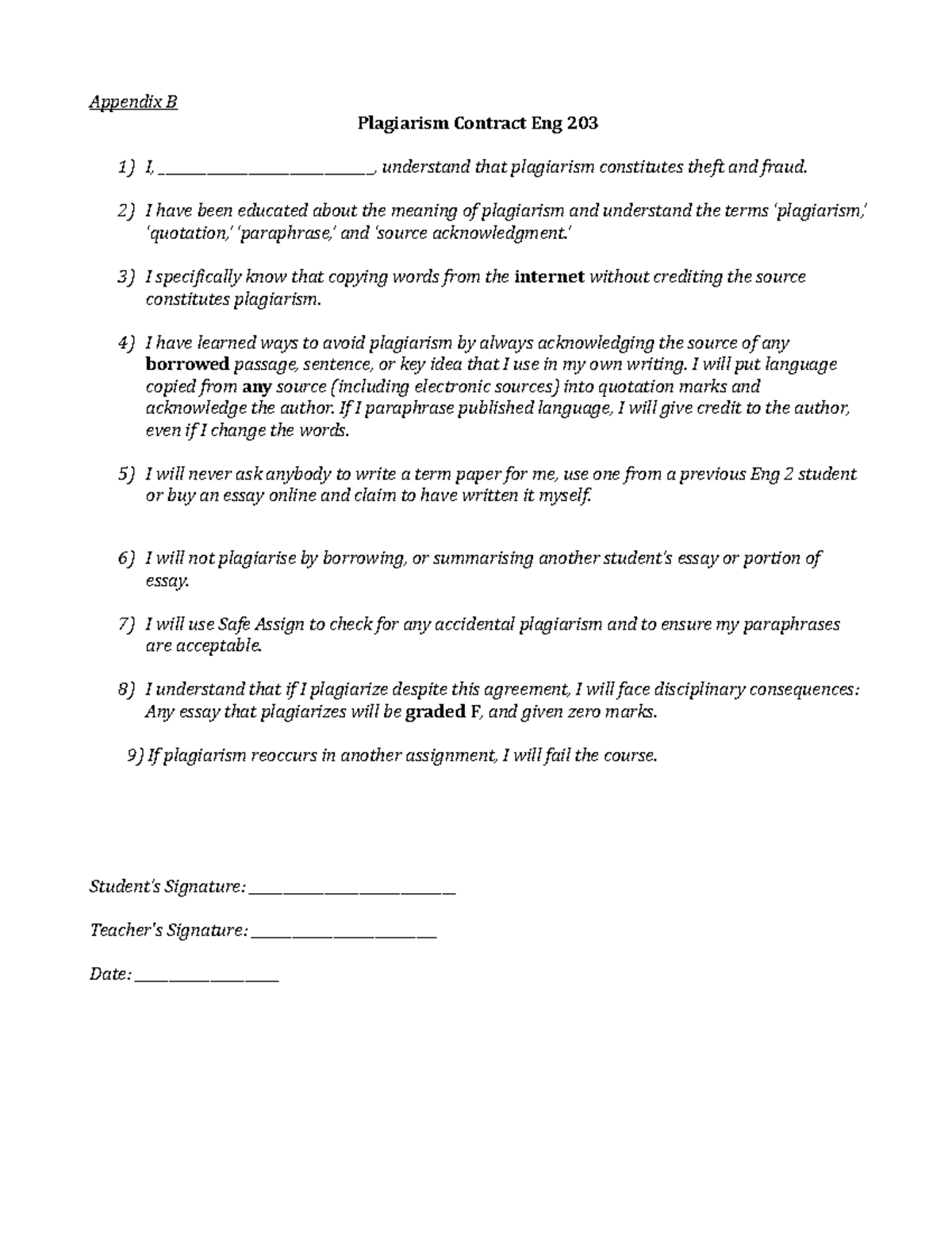 Revised Plagiarism Document 19 - Appendix B Plagiarism Contract Eng 203 ...