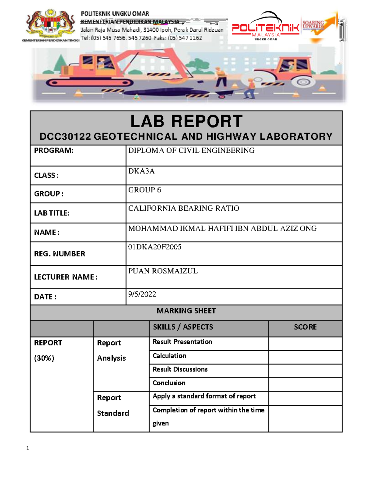 CBR Report - LAB REPORT DCC30122 GEOTECHNICAL AND HIGHWAY LABORATORY ...