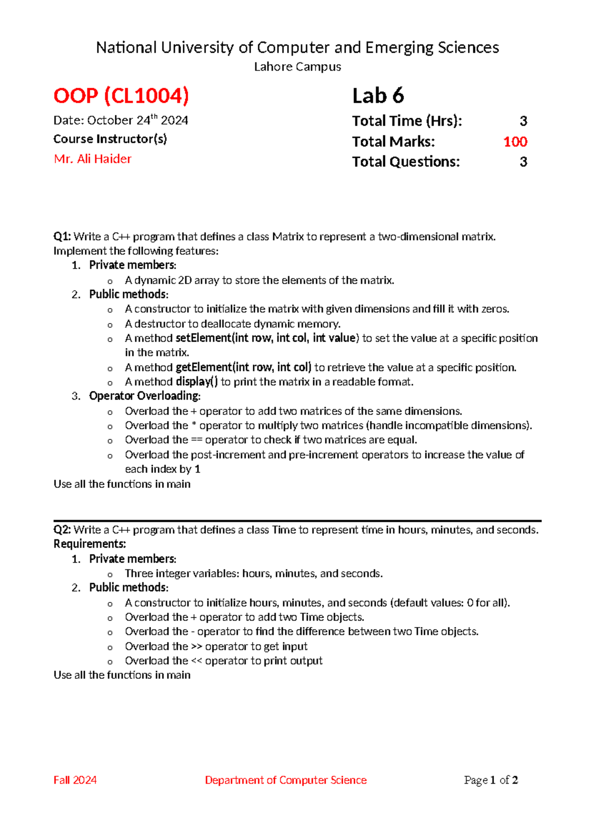 Lab 6 - lab on operator overloading - National University of Computer and Emerging Sciences ...