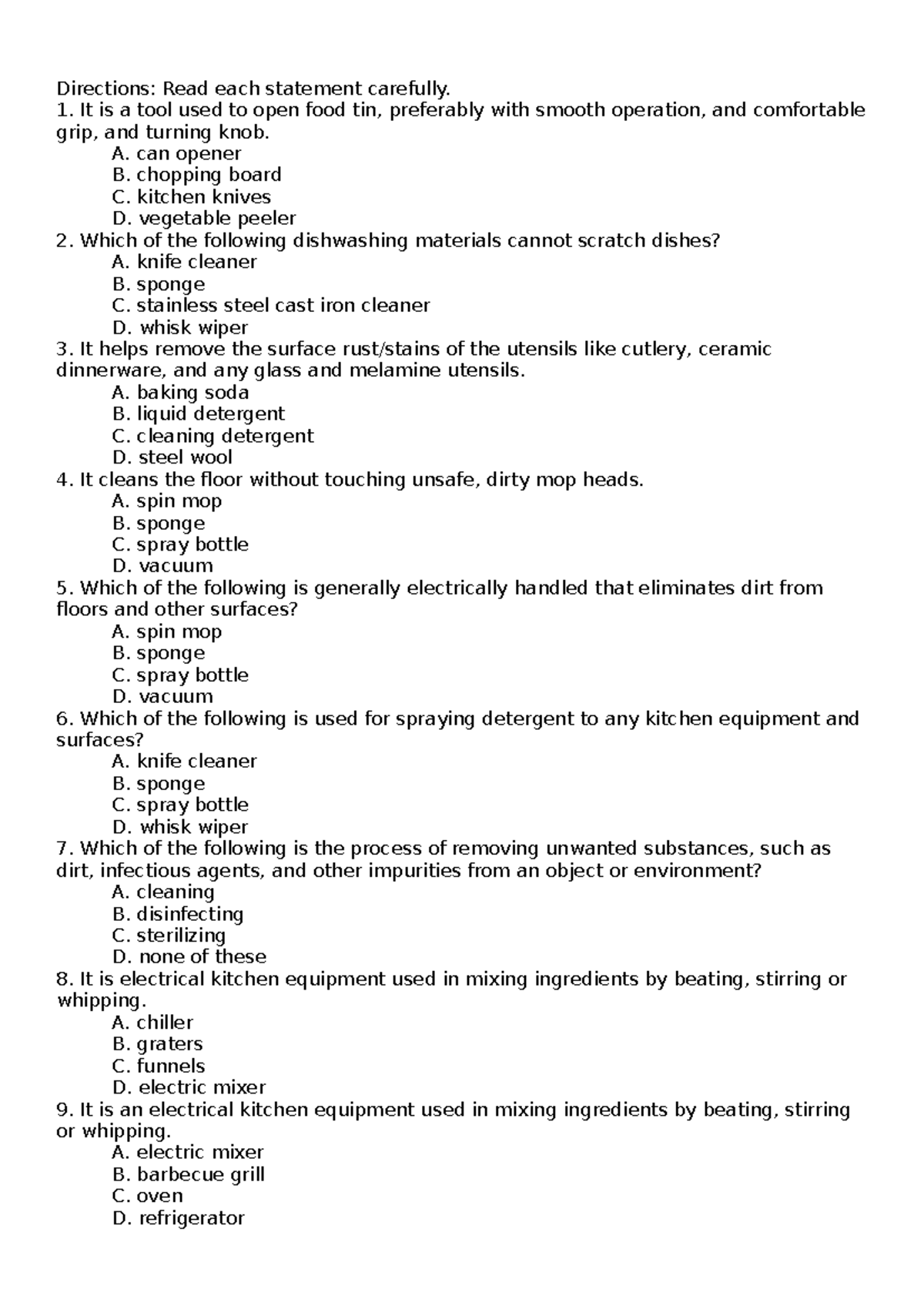TLE Pre test 8 - A pretest for TLE 8 - Directions: Read each statement ...