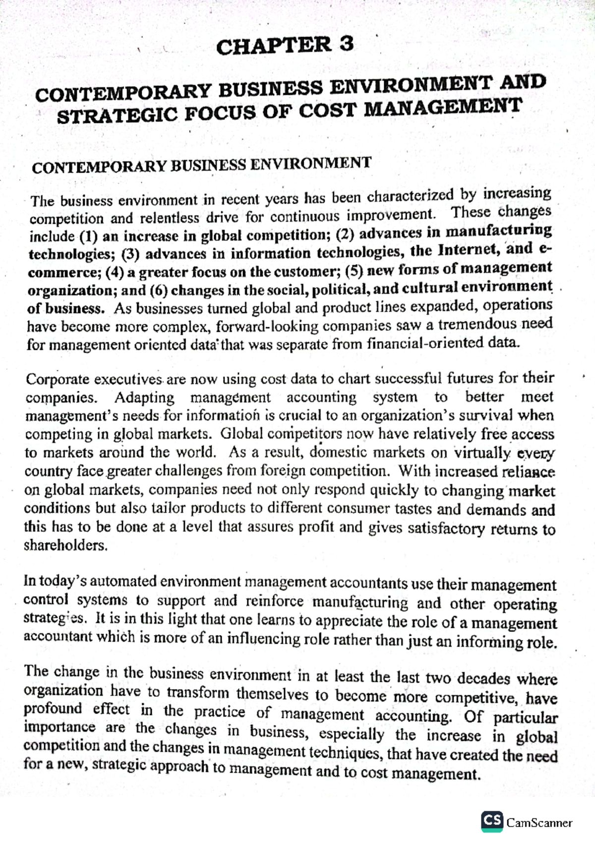 Strategic COST Management Chapter 3-4 - CHAPTER 3 CONTEMPORARY BUSINESS ...
