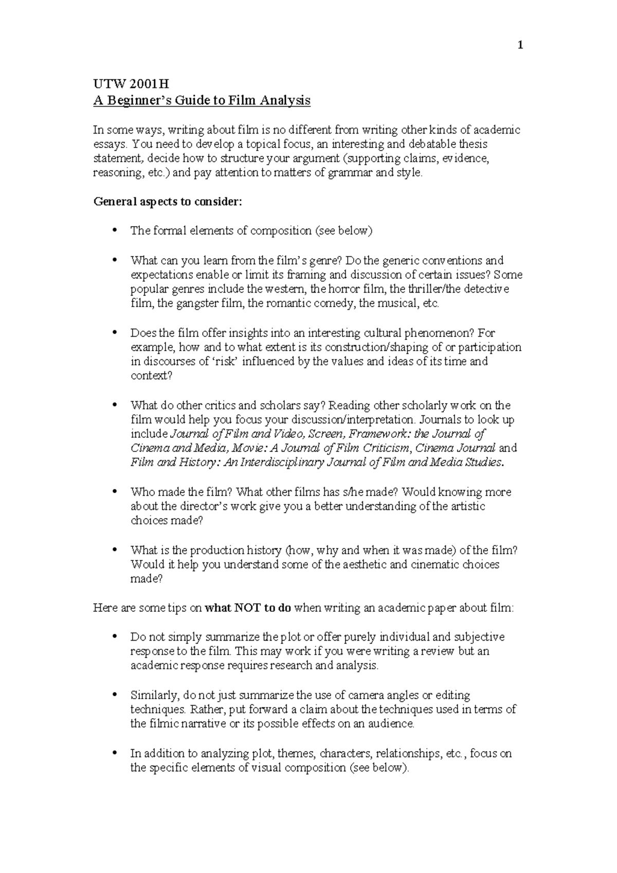A Beginner's Guide to Film Analysis - 1 UTW 2001H A Beginner’s Guide to ...