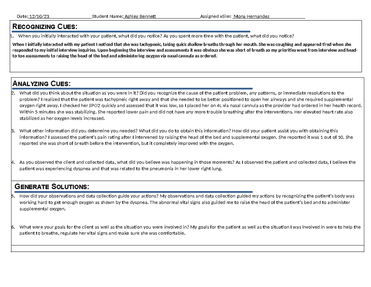 Mona H. Post Sim Clinical Judgment Worksheet (2) - Date: 12/10/23 ...