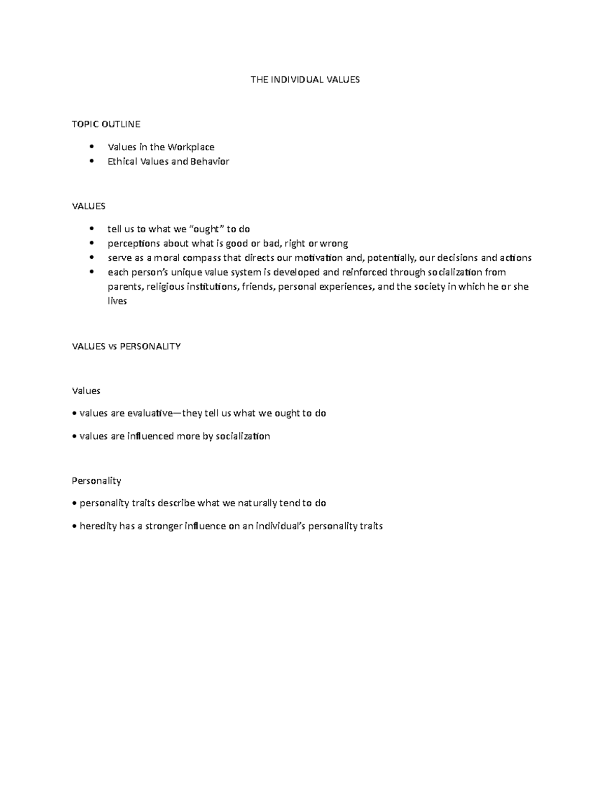 THE Individual Values - THE INDIVIDUAL VALUES TOPIC OUTLINE Values in ...