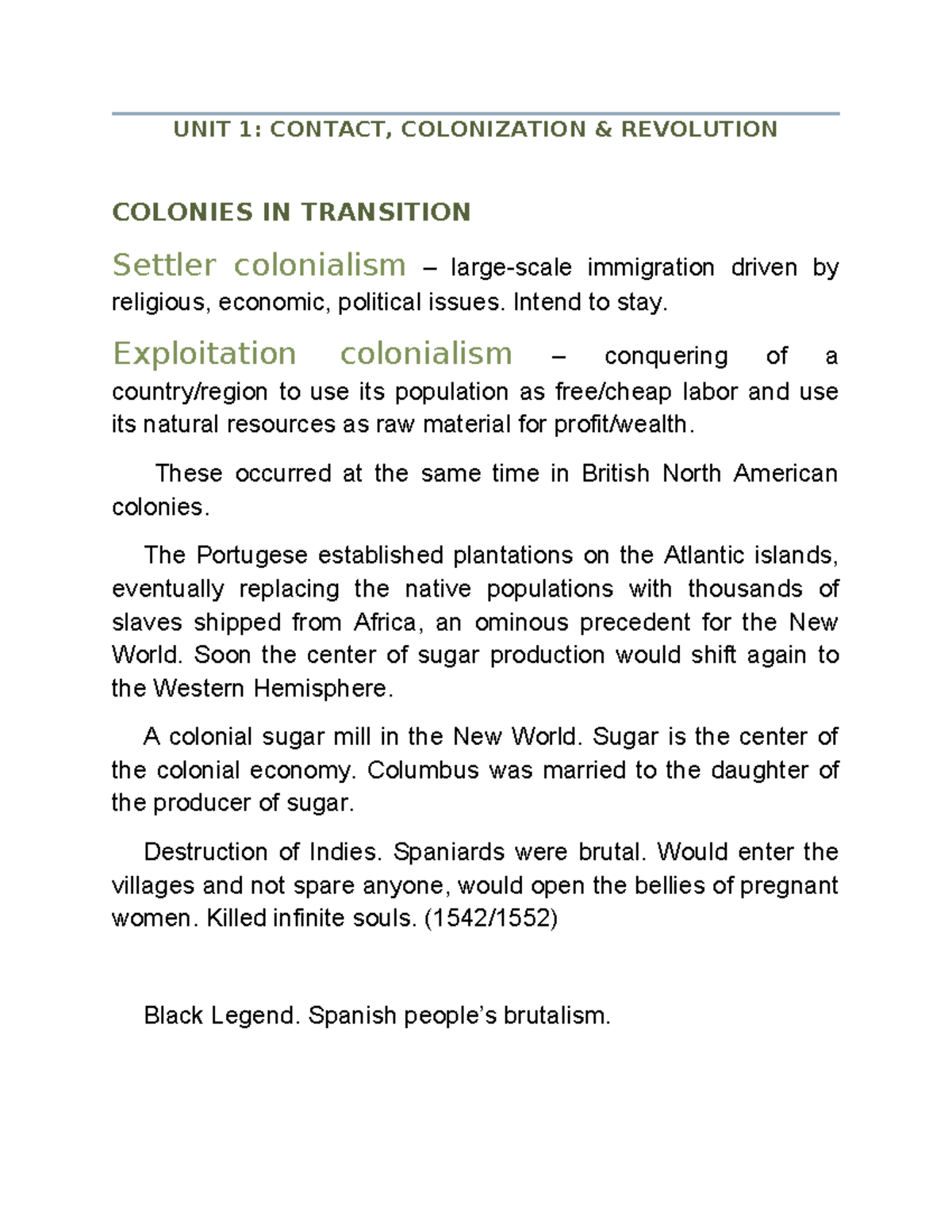 HIST15 - lecture notes - UNIT 1: CONTACT, COLONIZATION & REVOLUTION ...