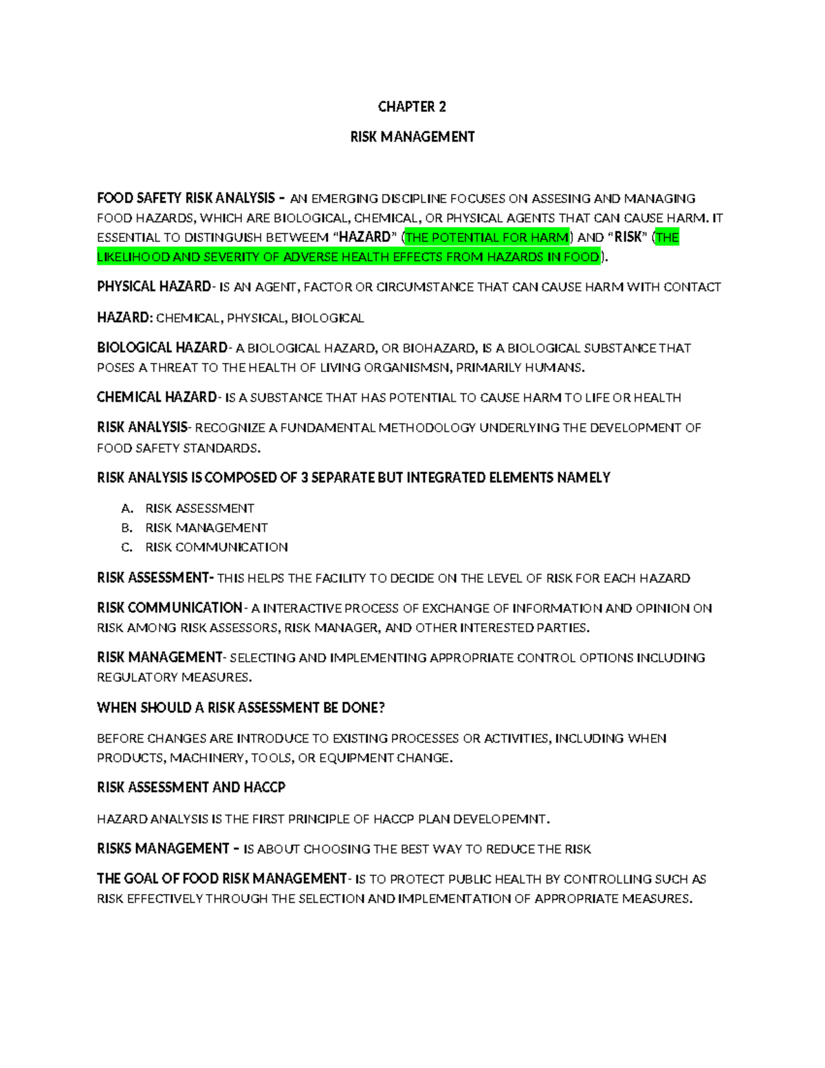 Chapter 2 RISK - LECTURE - CHAPTER 2 RISK MANAGEMENT FOOD SAFETY RISK ...