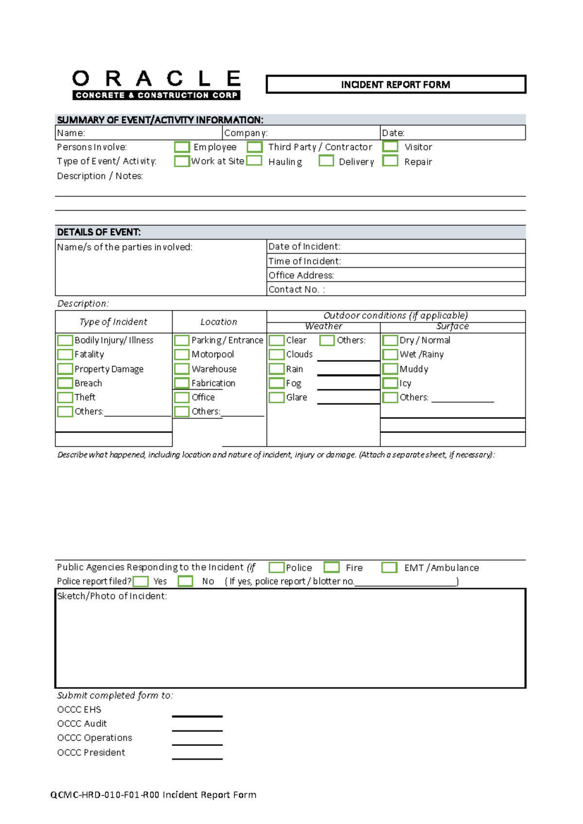 Oracle Incident Form - Date: Third Party / Contractor Visitor Hauling ...
