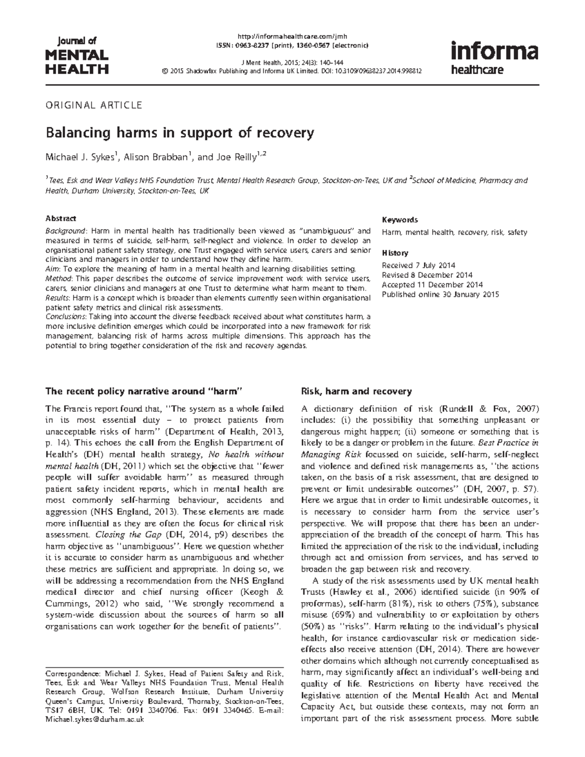 Journal article Balacing Harm in support of recovery ...