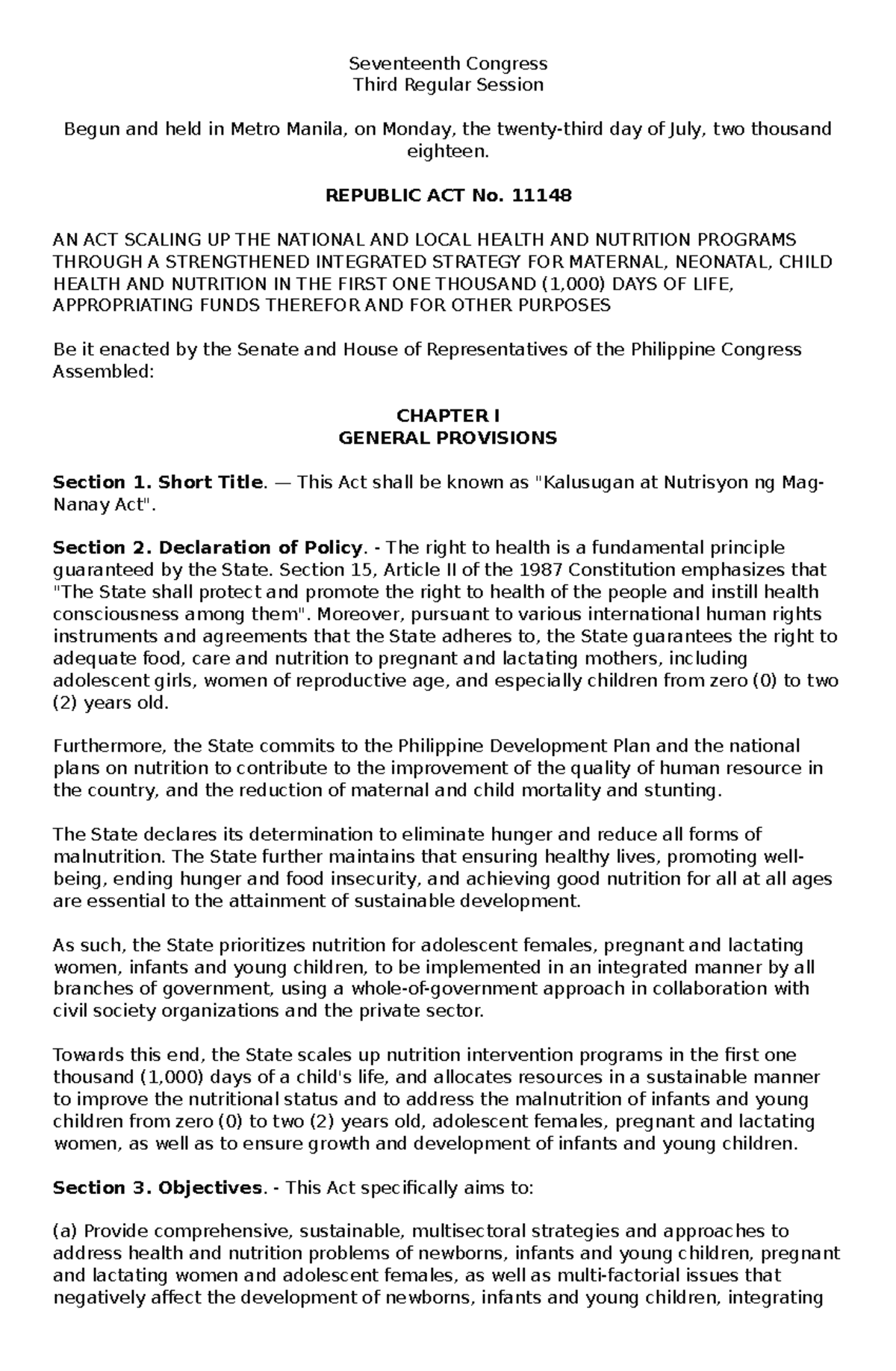 Kalusugan AT Nutrisyon NG Magnanay ACT 2 - Seventeenth Congress Third ...