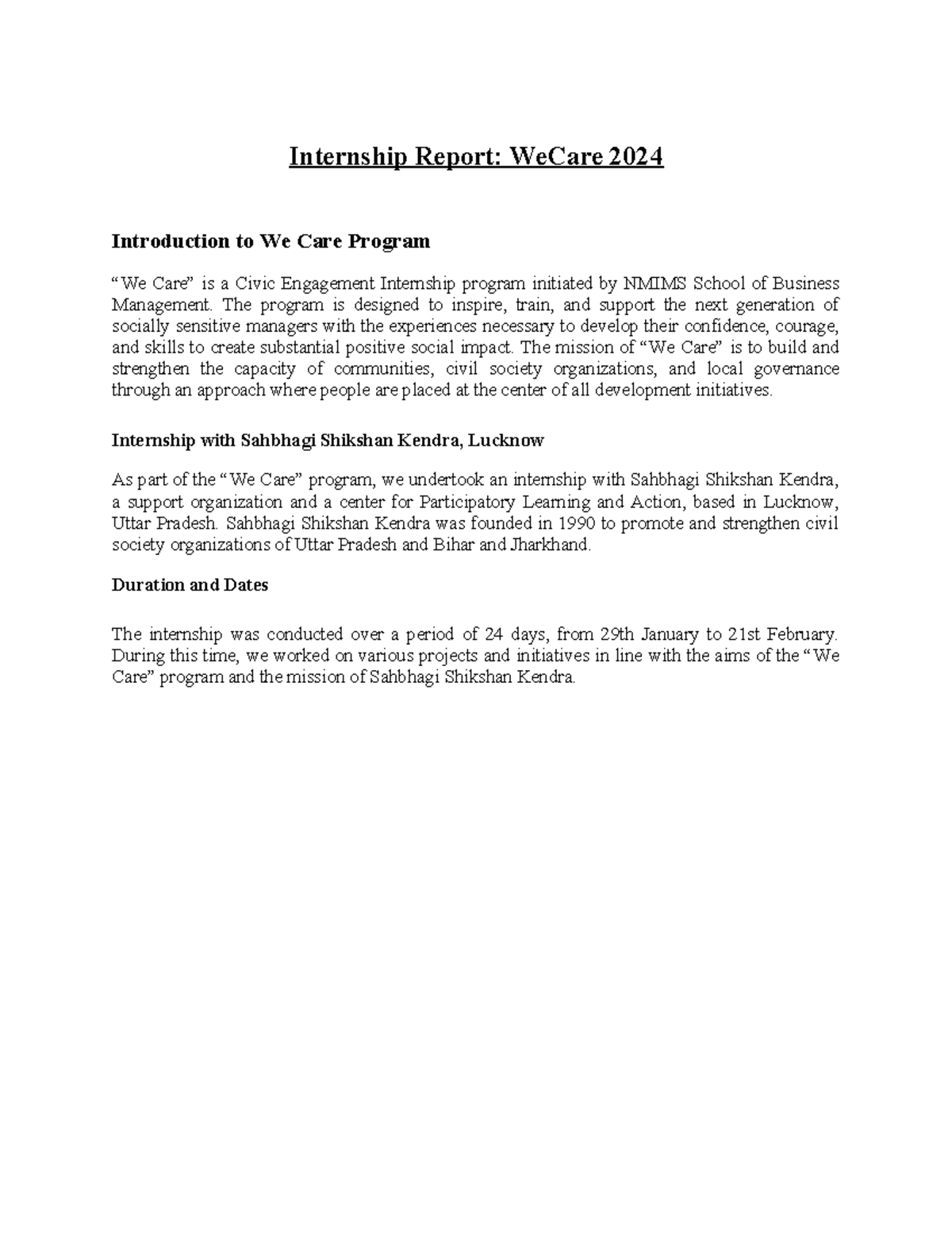 Social Internship - IMP - Internship Report: WeCare 2024 Introduction to We Care Program “We ...