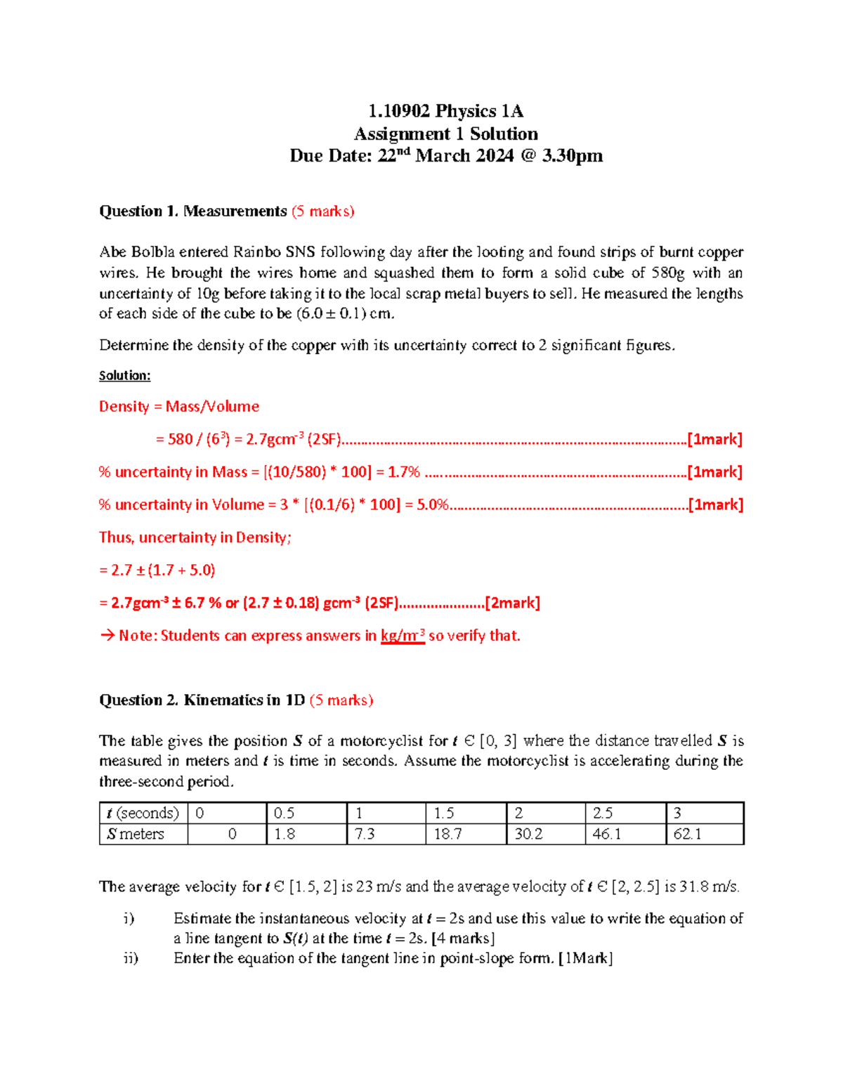 Physics 1A Assignment 1 Solution 2024.docx - 1 Physics 1A Assignment 1 Solution Due Date: 22nd ...