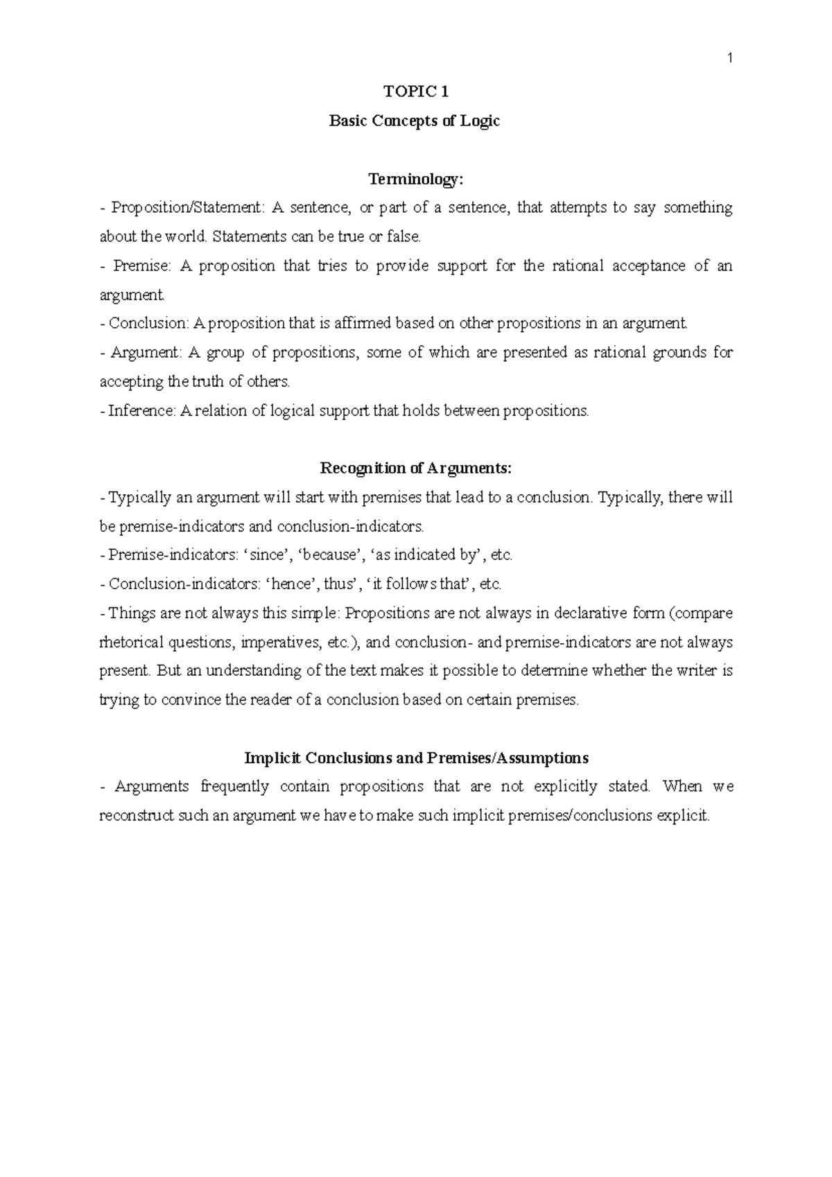 Logic Notes - Topic 1 - Soomary - 1 TOPIC 1 Basic Concepts of Logic ...
