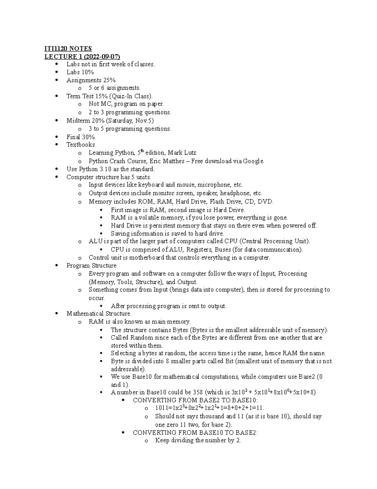 ITI1120 - Lecture Notes - ITI1120 NOTES LECTURE 1 (2022-09-07) Labs not ...