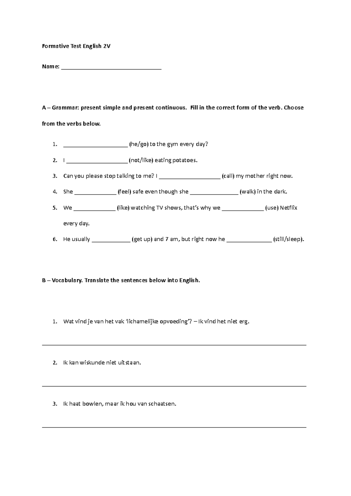 Formative Test 2V - Oefentoets - Formative Test English 2V Name