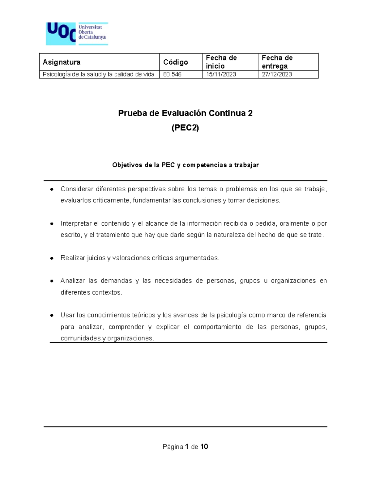 Enunciado de la PEC2 - Asignatura Código inicio entrega Psicología de ...