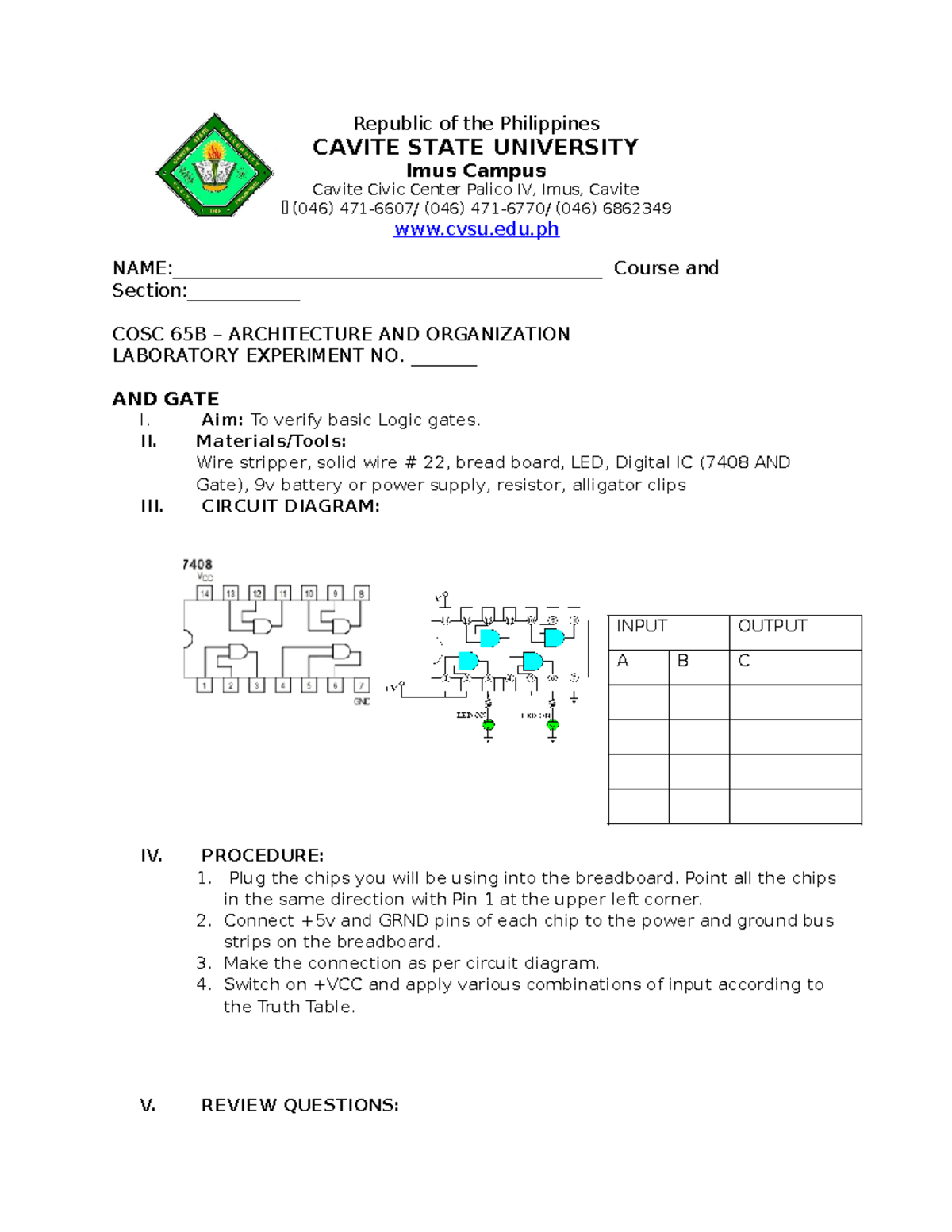Lab Experiment 1 And Gate Republic Of The Philippines Cavite State University Imus Campus