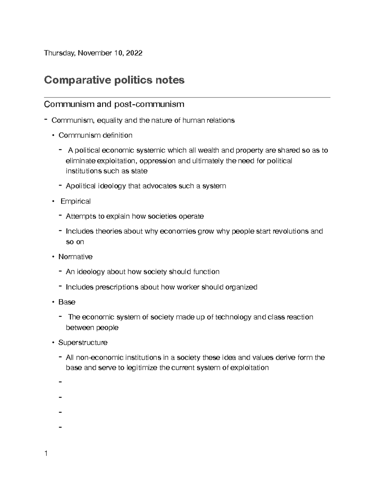 Comparative politcs notes nove 10,2022 - Thursday, November 10, 2022 ...