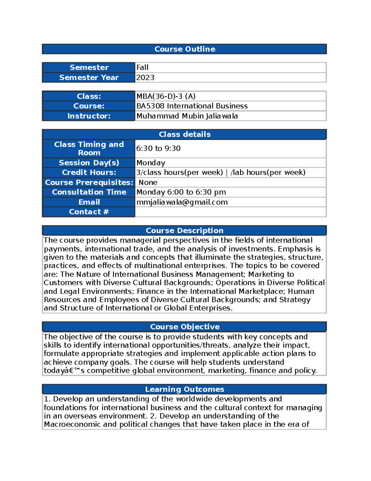 Course Outline IB - Course Outline Semester Fall Semester Year 2023 ...