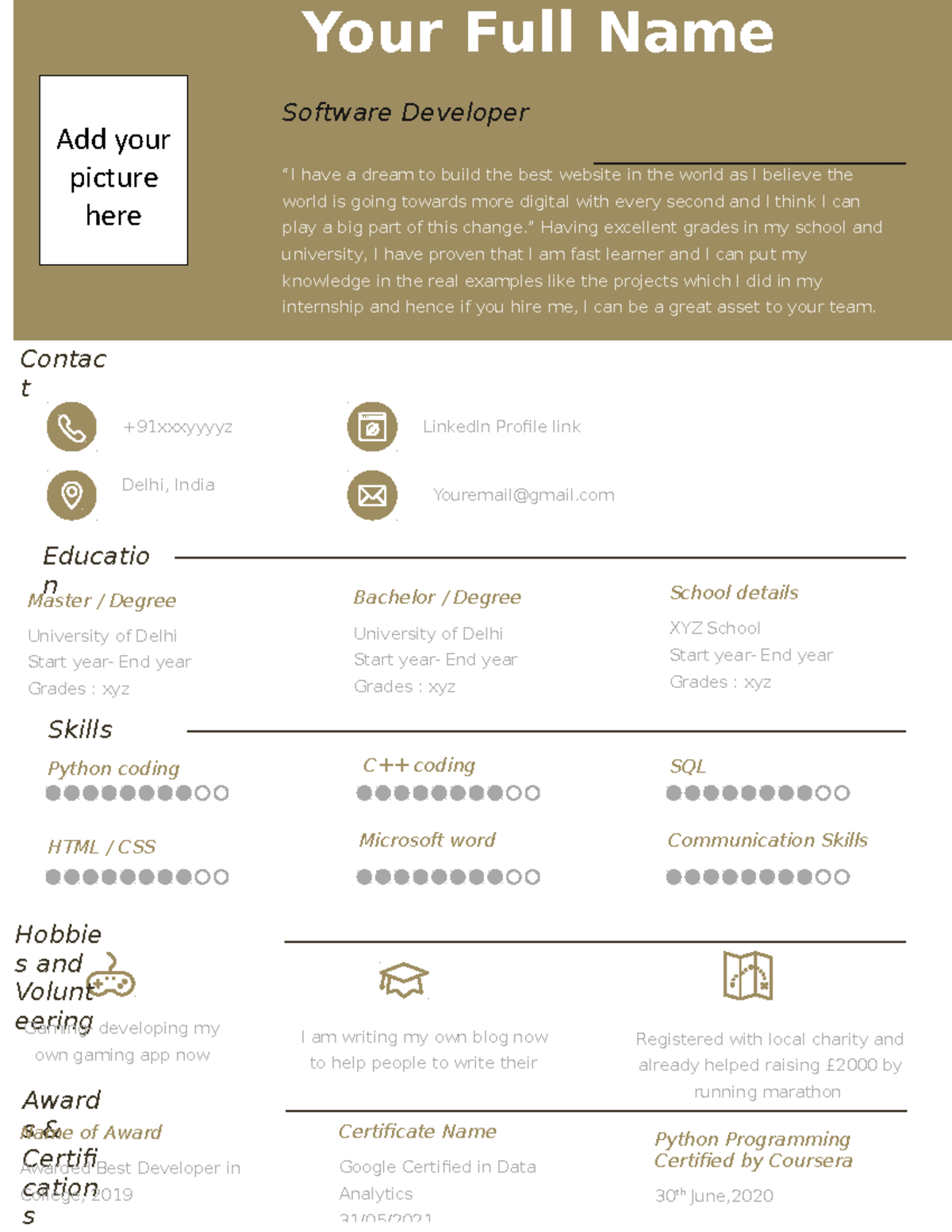 CV Template with no experience - Your Full Name Software Developer “I ...