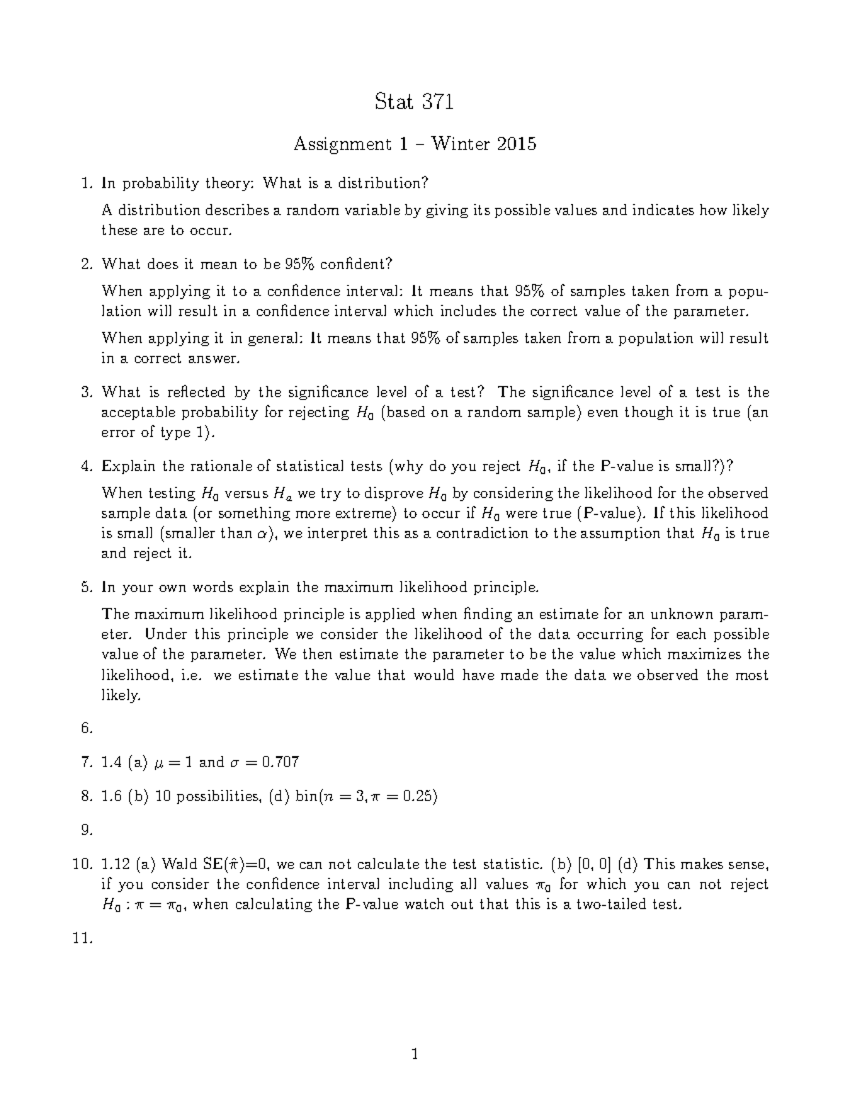 Seminar Assignments 1 6 With Solutions Stat 371 Assignment 1