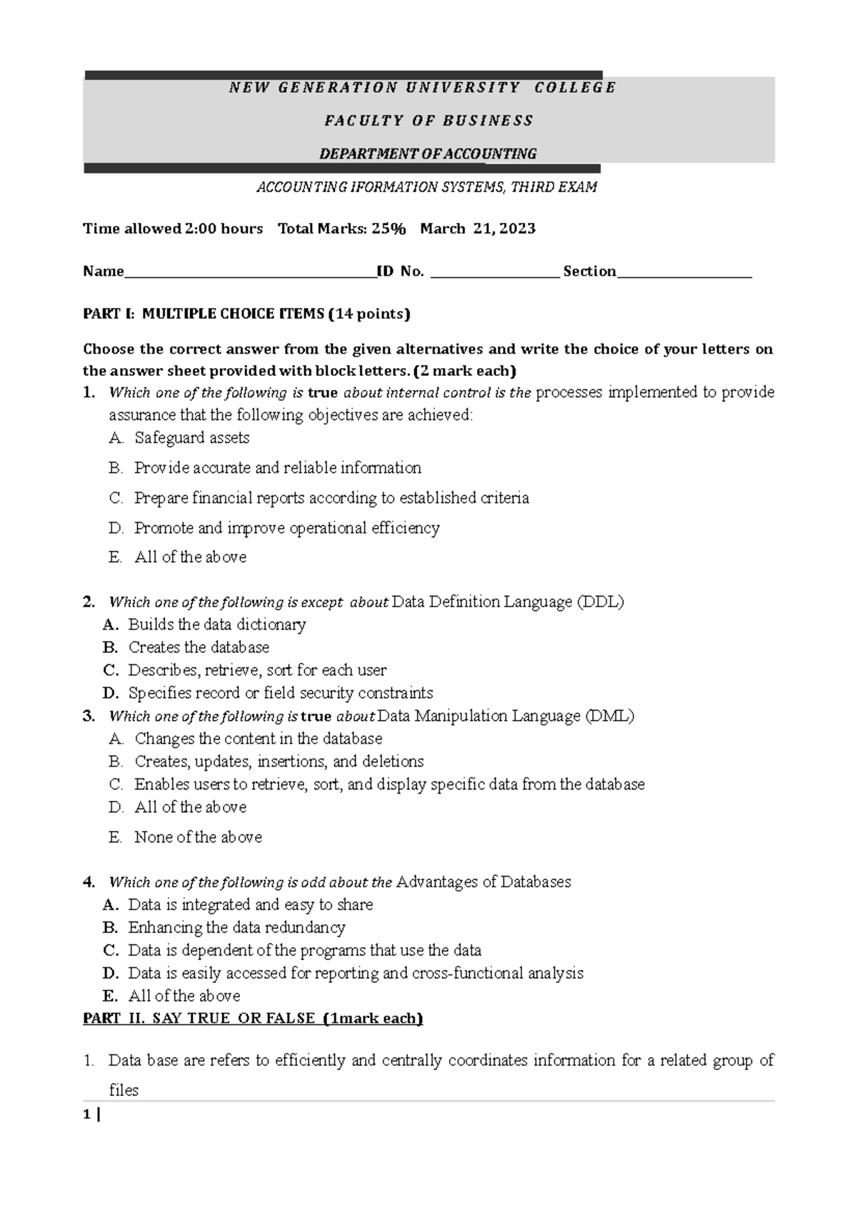 AIS Final exam - 3 - N E W G E N E R AT I O N U N I V E R S I T Y C O L ...