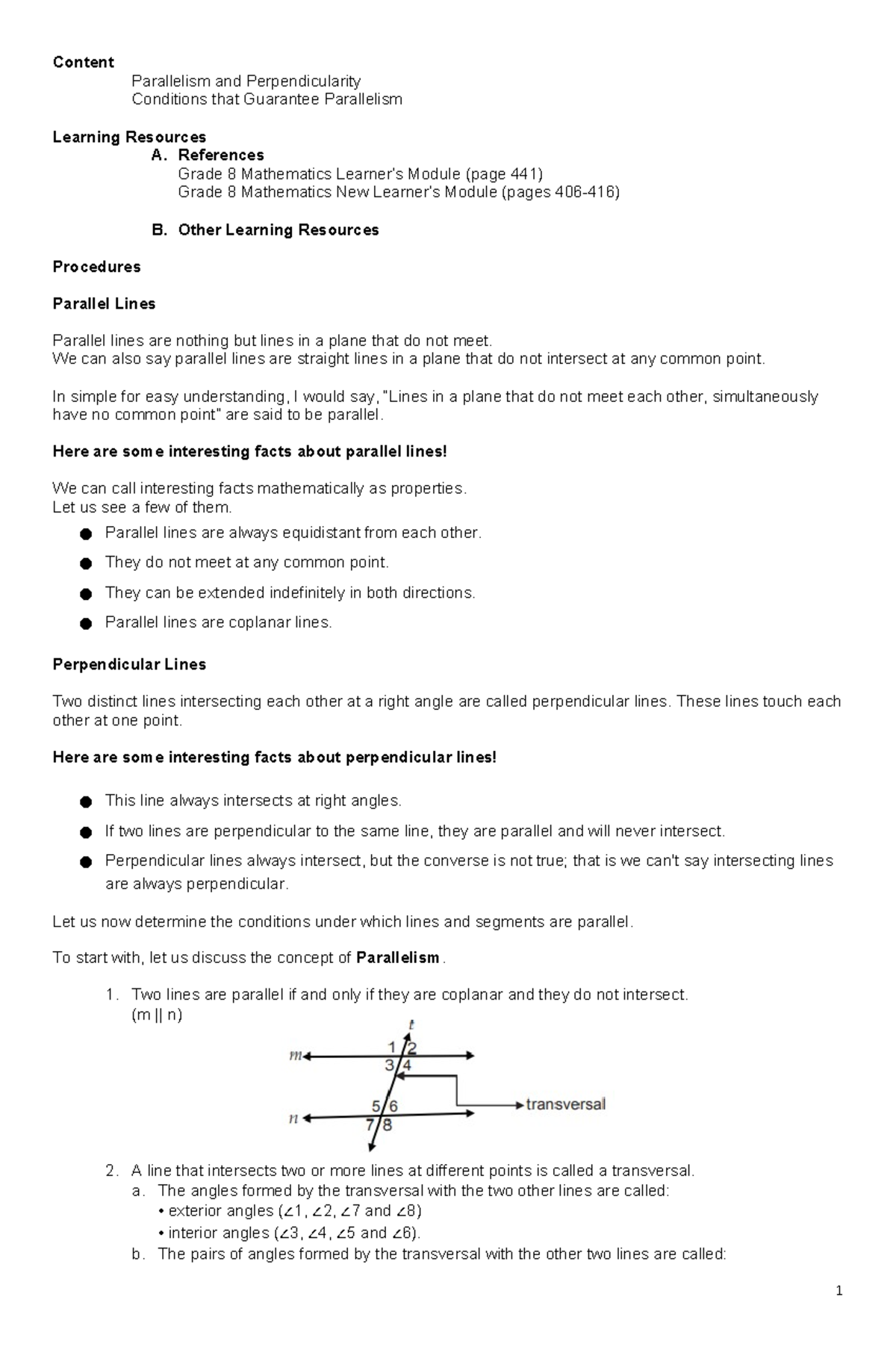 Parallelism And Perpendicularity Content Parallelism And Perpendicularity Conditions That