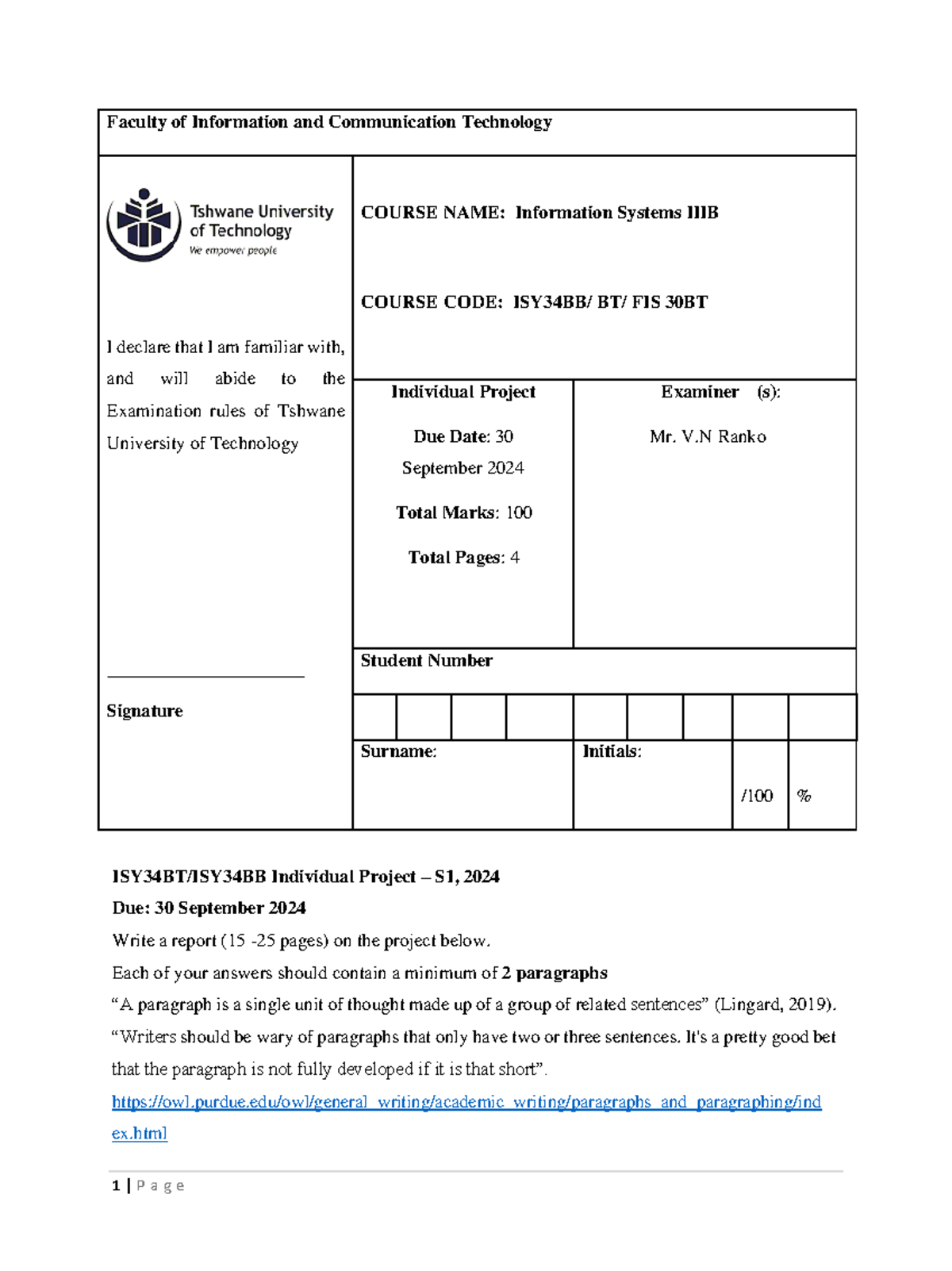 ISY34BT RPL Project 2024 - Faculty of Information and Communication Technology I declare that I ...