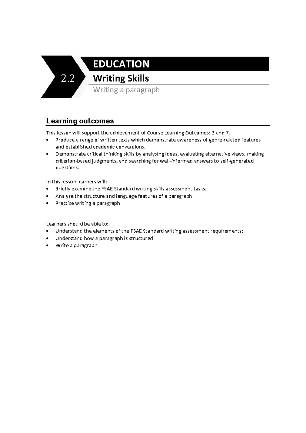 FSAE Standard T1 Unit 2.2 050422 - EDUCATION Writing Skills Writing a ...