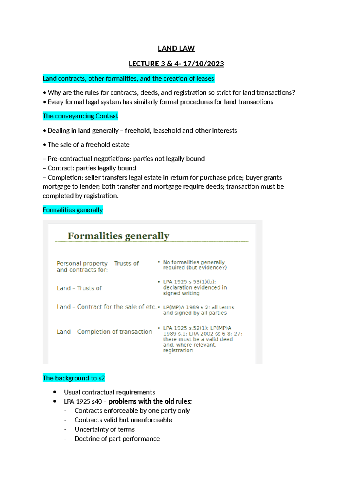 Lecture 3 & 4 - LAND LAW LECTURE 3 & 4- 17/10/ Land contracts, other formalities, and the - Studocu