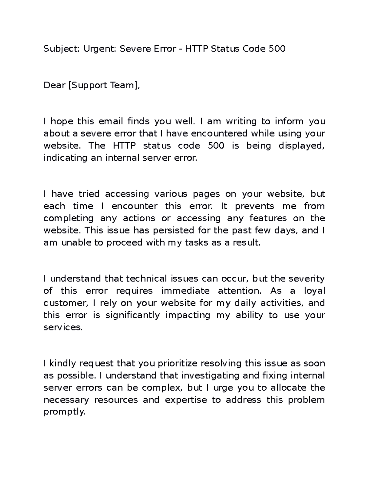 500 server - Subject: Urgent: Severe Error - HTTP Status Code 500 Dear ...