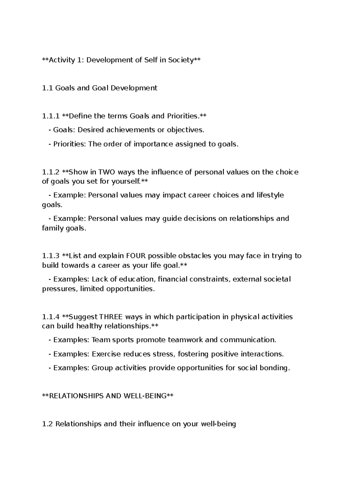 Grade 11 Term 1 Assignment Memorandum - Activity 1: Development of Self ...