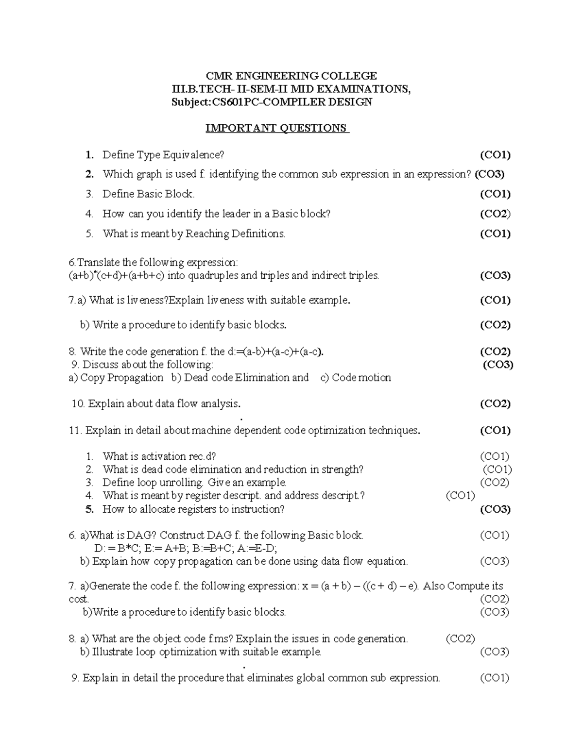 II MID CD Important QNS - CMR ENGINEERING COLLEGE III.B- II-SEM-II MID ...